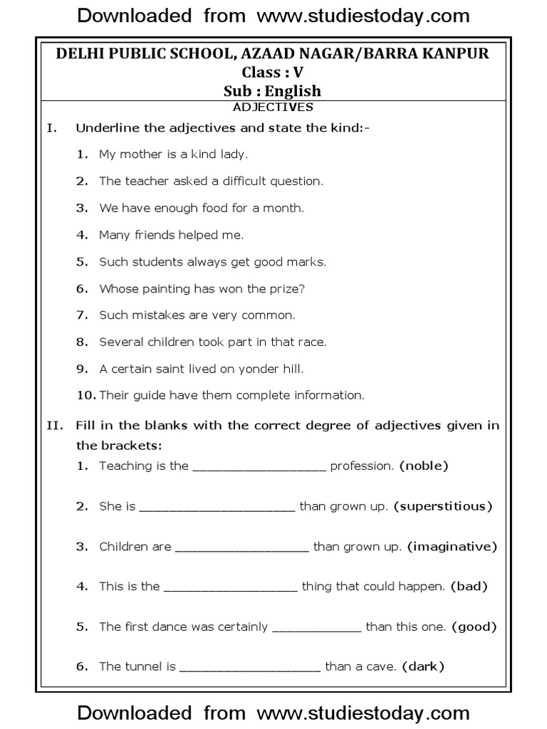 Adjectives Worksheet Grade 5