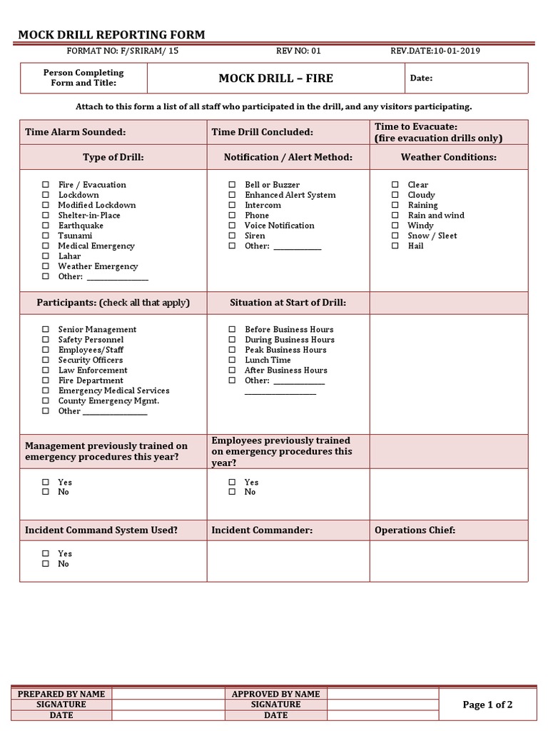 Mock Drill Reporting Form: Person Completing Form and Title: Date ...