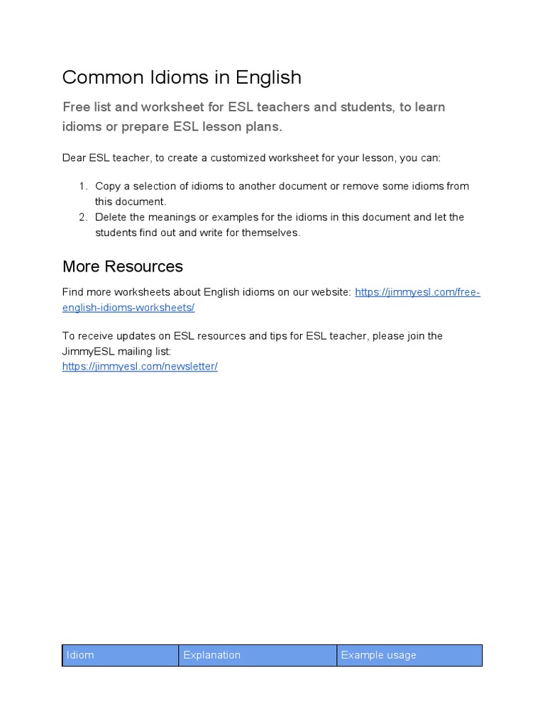 Common Idioms English List Worksheet - JIMMYESL | PDF | English As A ...