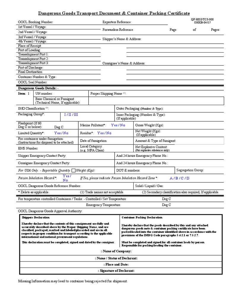 Dangerous Goods Transport Document & Container Packing Certificate ...