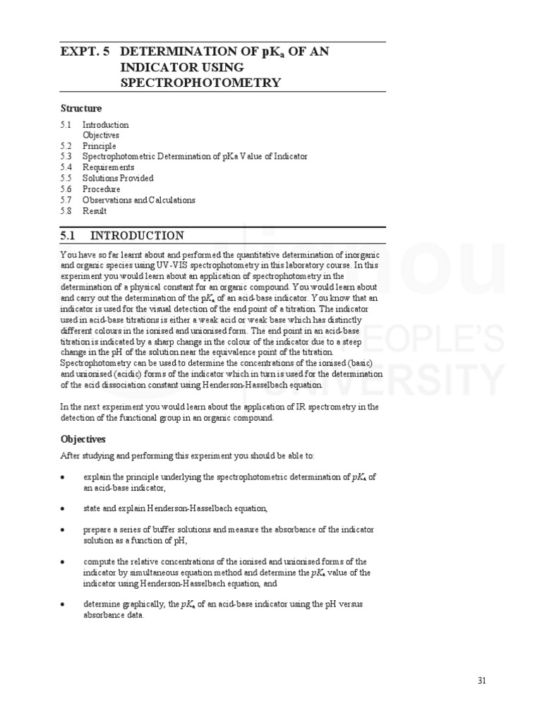 Expt. 5 Determination of PK of An Indicator Using Spectrophotometry | PDF | Acid Dissociation ...