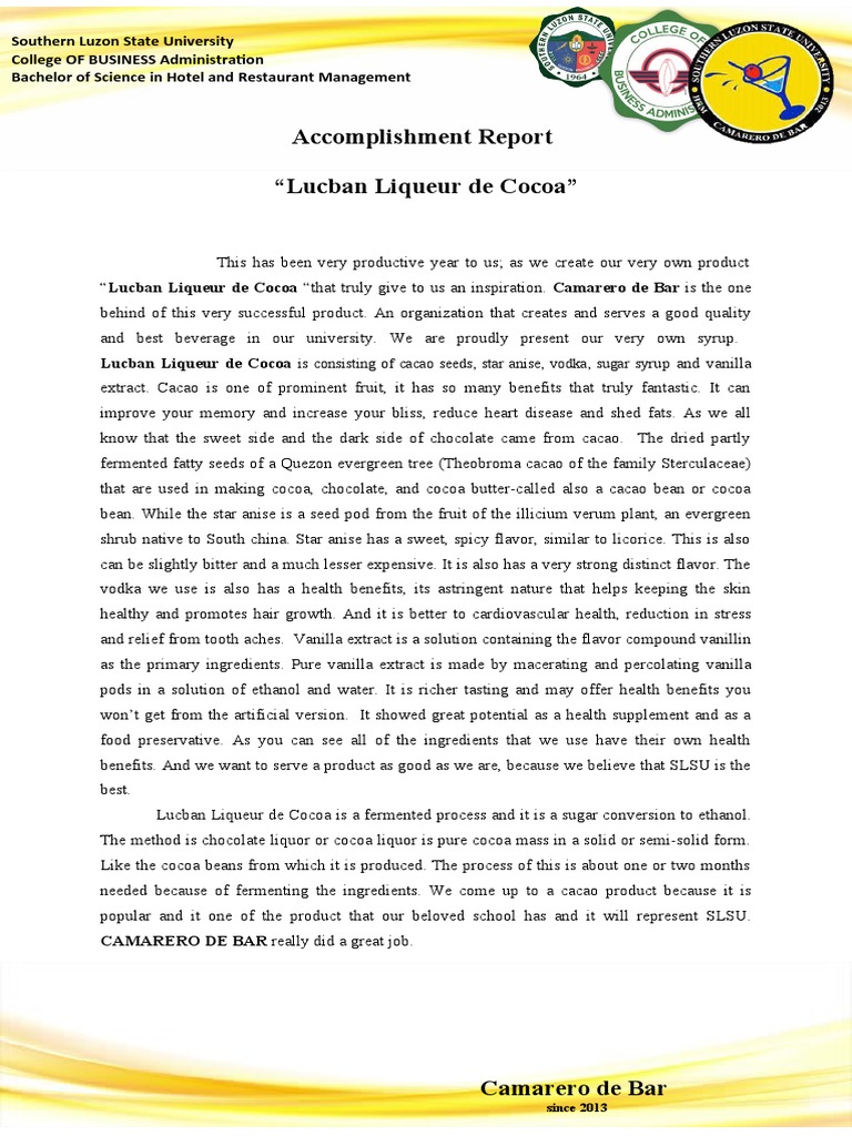 Accomplishment Report "Lucban Liqueur de Cocoa" | Download Free PDF ...