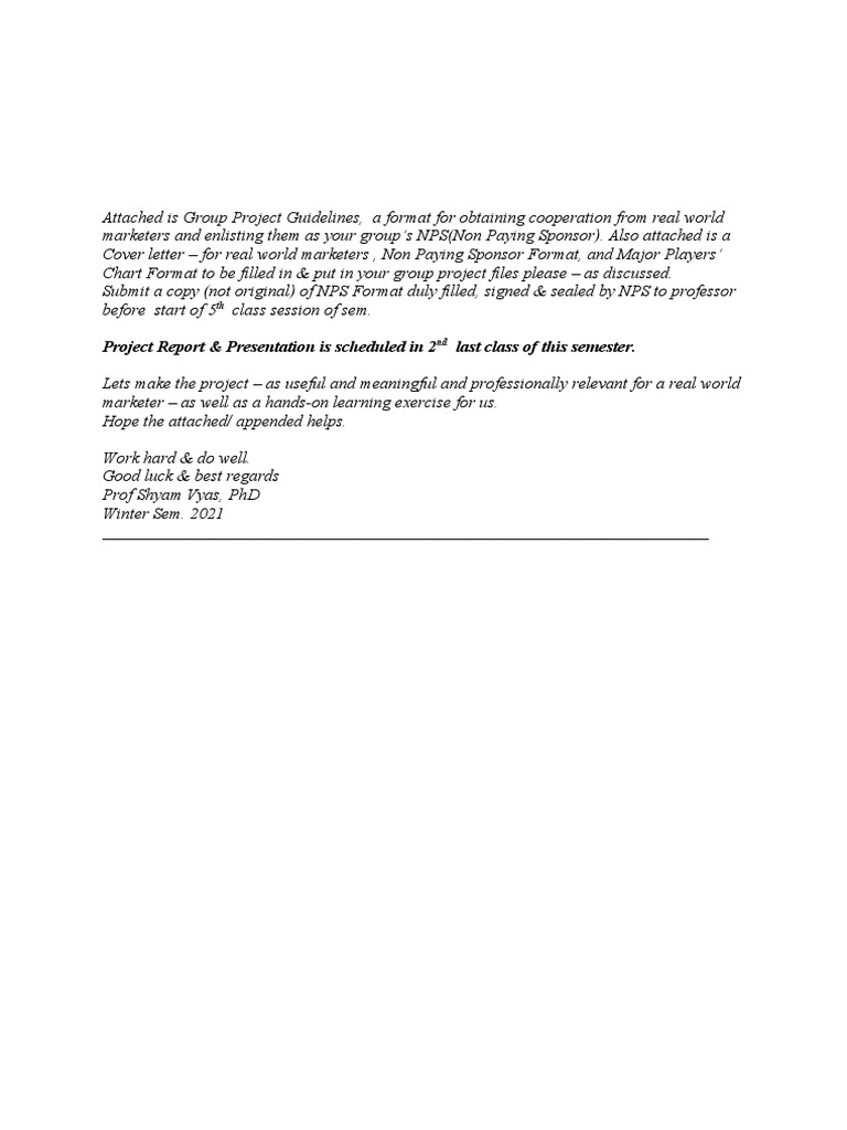 Bus 120 W'21 Group Marketing Project Guidelines, CoverLetter, MPC, NPS ...