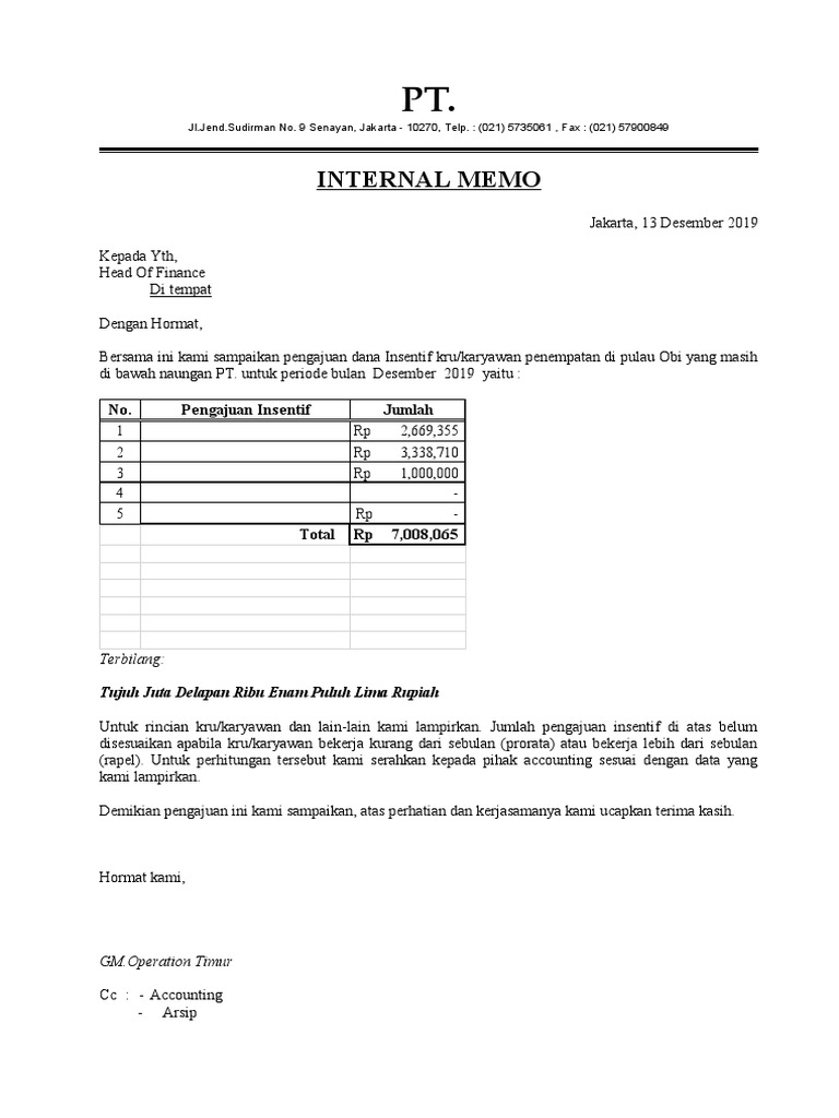 Memo Insentif Desember 2019 | PDF