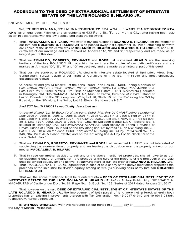 Addendum Extrajudicial Settlement of The Estate 3-12 | PDF | Natural Resources Law | Civil Law ...