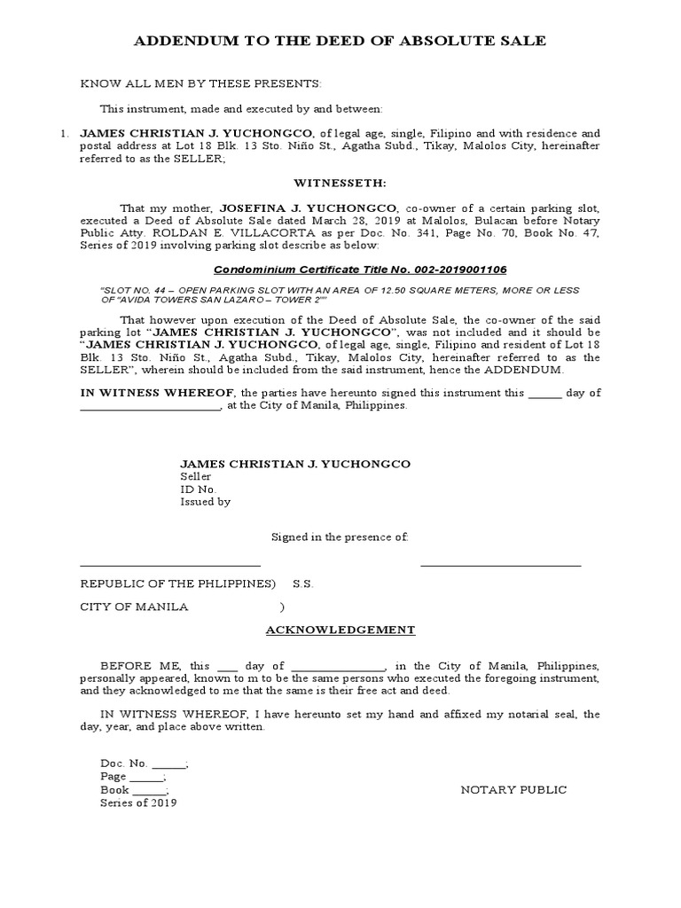 ADDENDUM TO DEED OF Absolute Sale 5-17 | PDF | Land Law | Real Estate Law