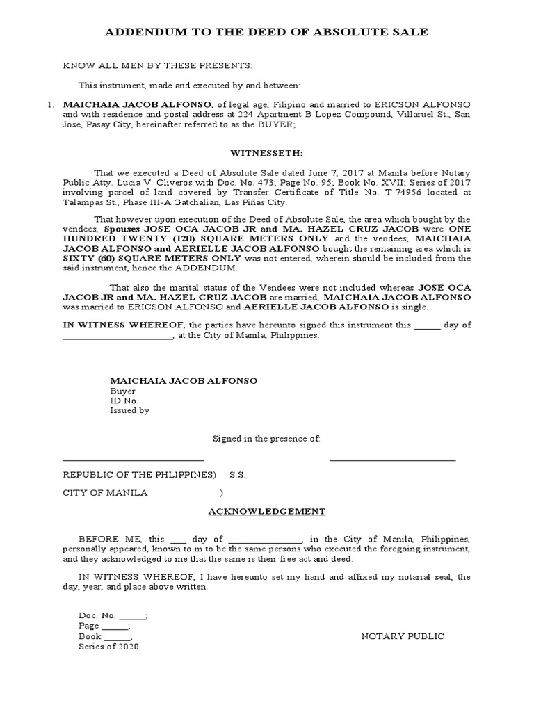 ADDENDUM TO DEED OF Absolute Sale 12-14 | PDF | Civil Law (Common Law ...