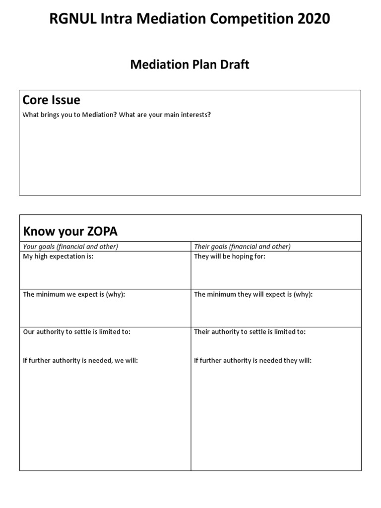 Mediation Plan Draft Core Issue: Your Goals (Financial and Other) Their ...