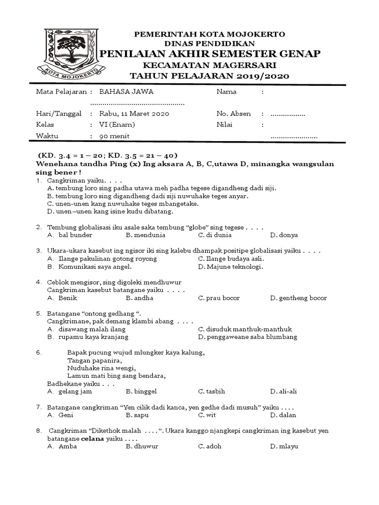 Soal Pas Genap Bahasa Jawa | PDF
