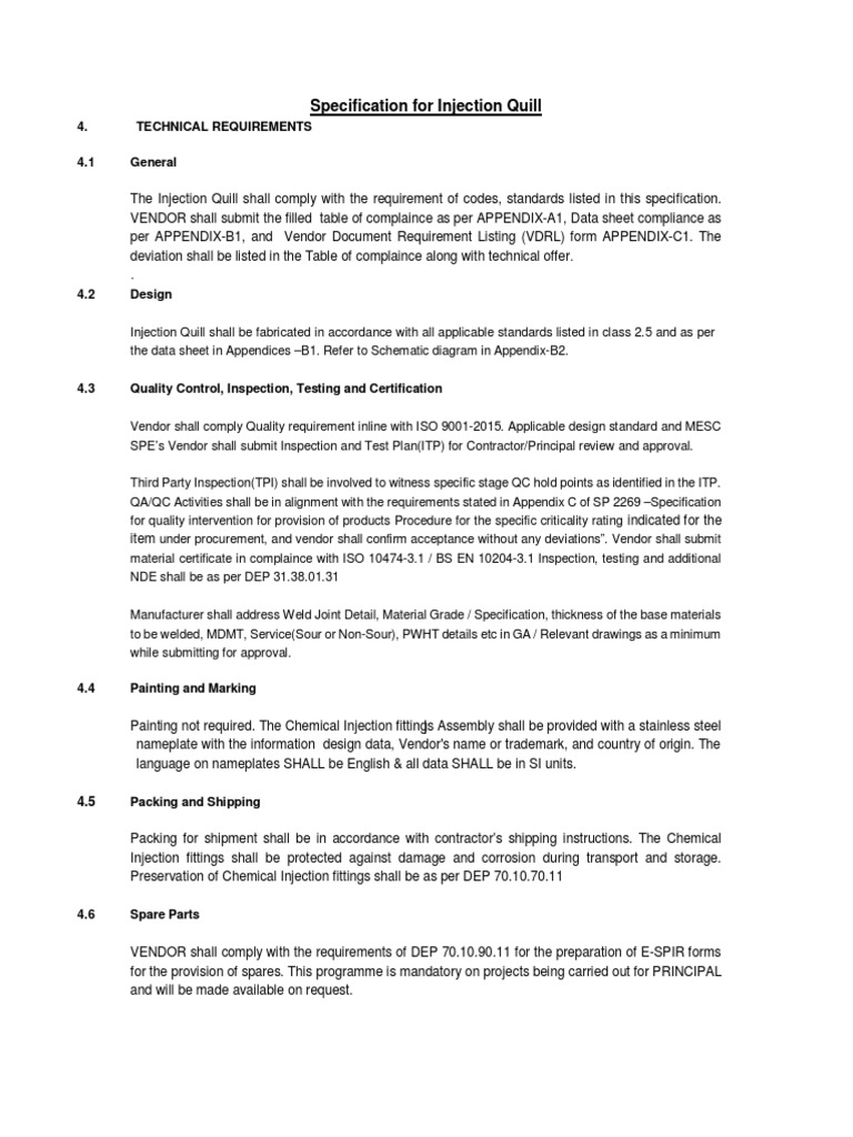 Injection Quill Specification and Requirements | PDF | Specification ...