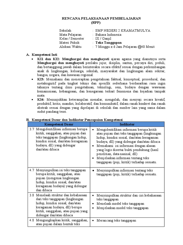 RPP Teks Tanggapan 4-1 | PDF | Karier & Perkembangan | Seni & Disiplin Bahasa