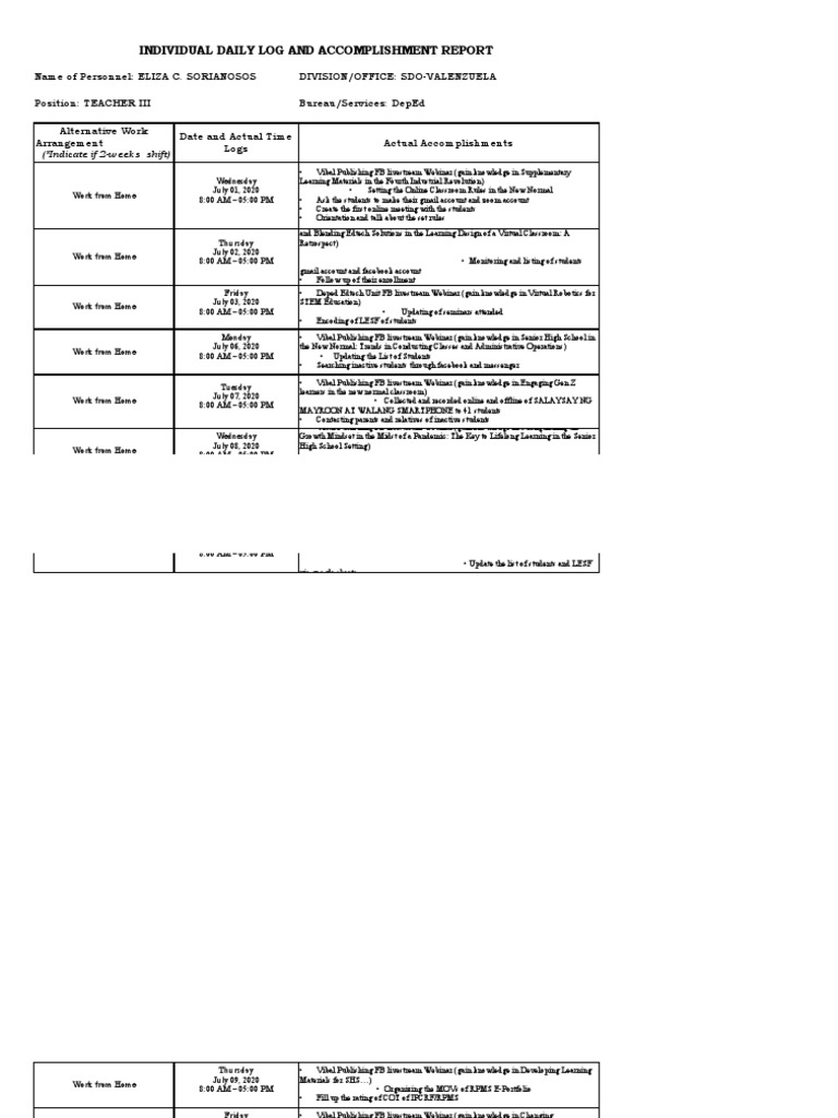Individual Daily Log and Accomplishment Report | PDF | Educational ...
