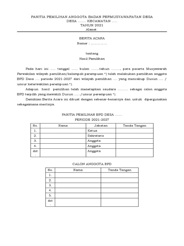 Format BA Panitia Pemilihan - Hasil Pemilihan | PDF