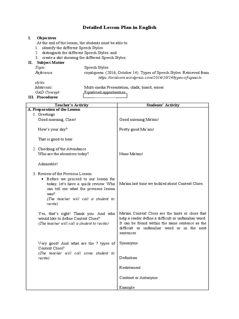 Detailed Lesson Plan in English: I. Objectives | Download Free PDF ...
