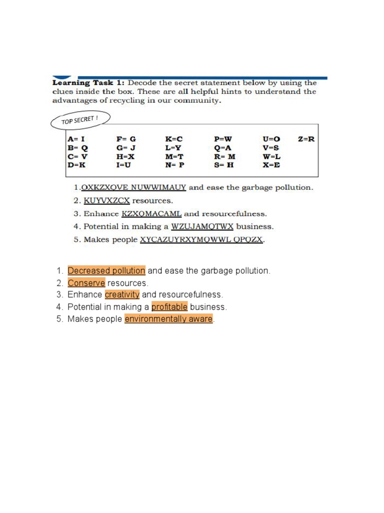 Learning Task 1 (Recycling) | PDF