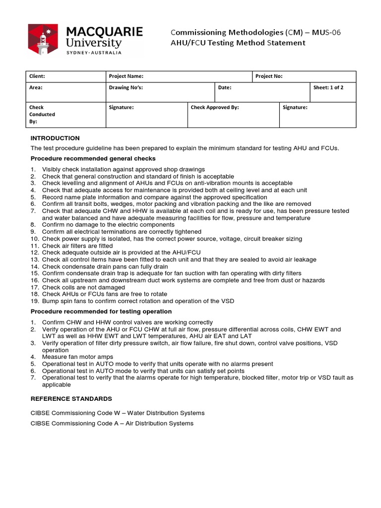 Commissioning Methodologies Cm Mus 06 Ahu Fcu Testing Method