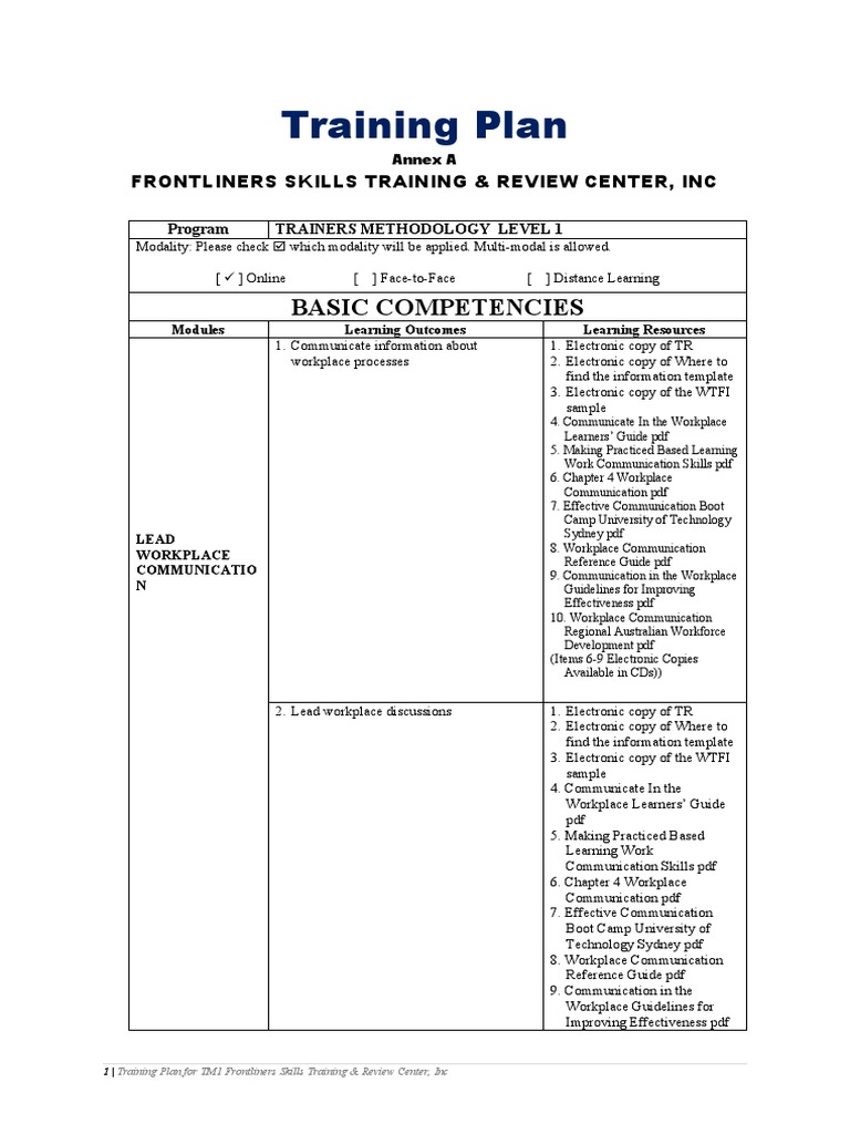 Training Plan for TM1 Frontliners Skills Training & Review Center, Inc ...