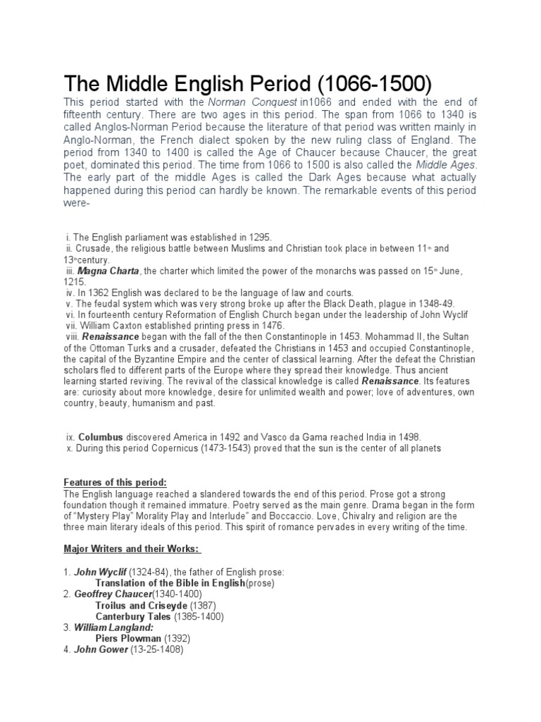 The Middle English Period (1066-1500) : Features of This Period | PDF ...