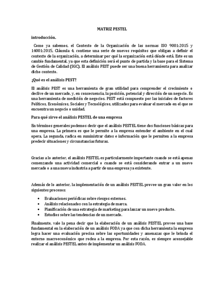 Matriz Pestel | PDF | Análisis FODA | Empresas