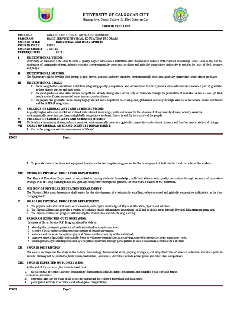 Individual & Dual Sports Syllabus | PDF | Physical Education | Lecture