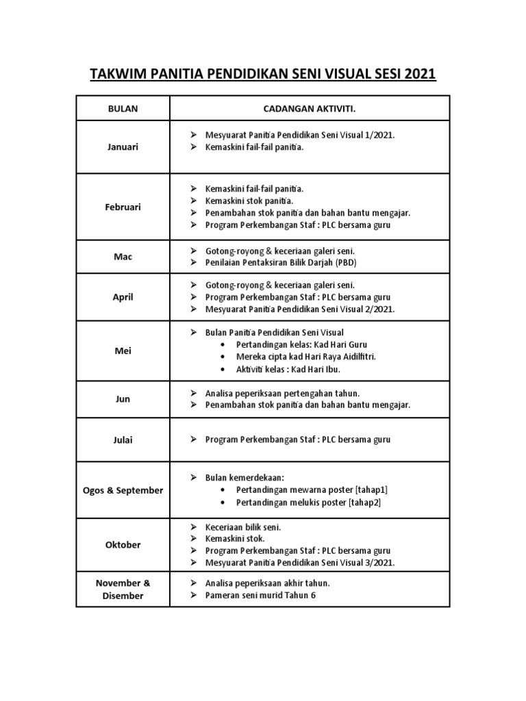 TAKWIM Tahunan Panitia PSV | PDF