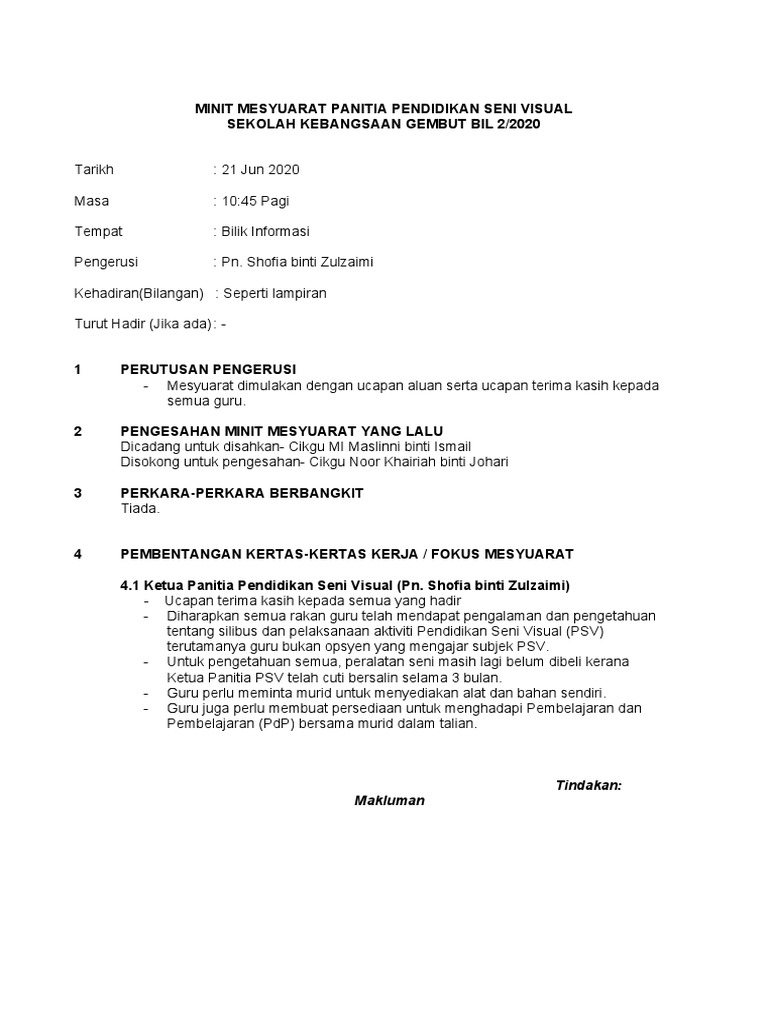 Minit Mesyuarat Panitia PSV Kali Ke-2 | PDF