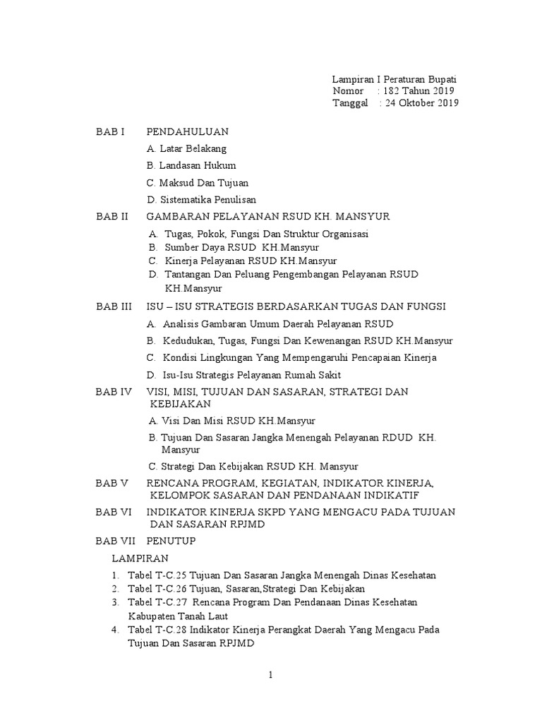 Perbup Renstra Blud Rsud KH Mansyur-Lampiran I | PDF