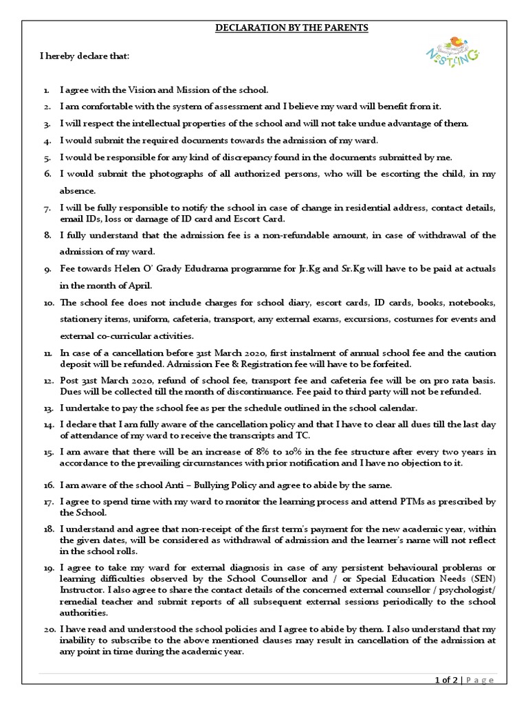 Parent Declaration for School Admission | PDF | Fee | Human Nature