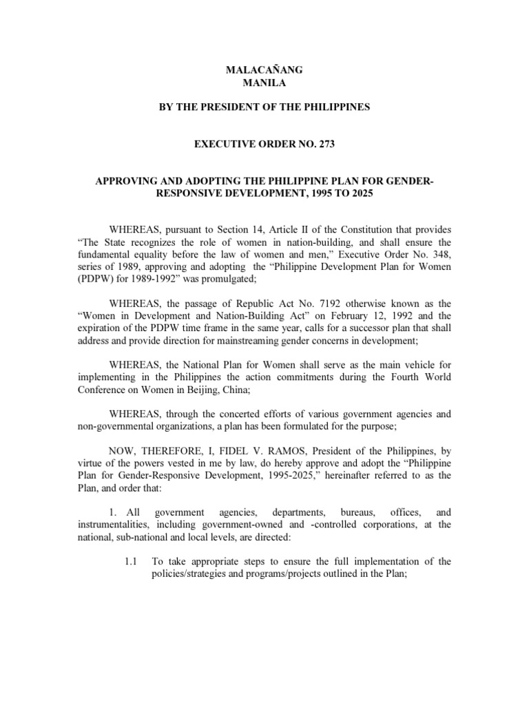 Exec. Order 273 - Philippine Plan For Gender-Responsive Development | PDF