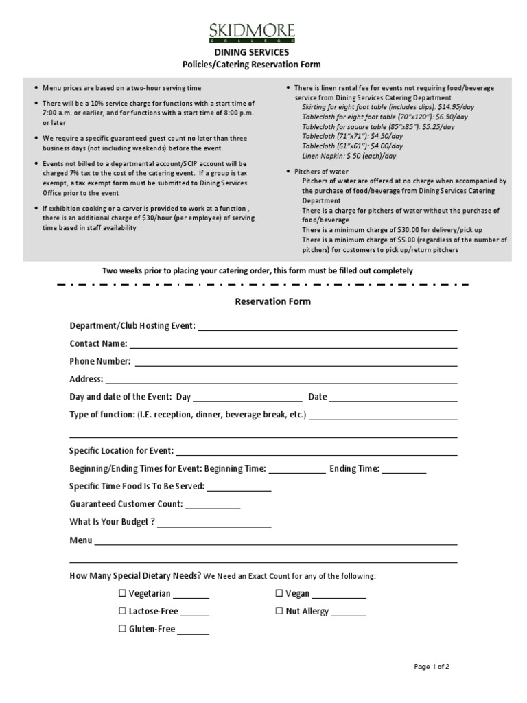 Catering Reservation Form | PDF | Restaurants | Fee