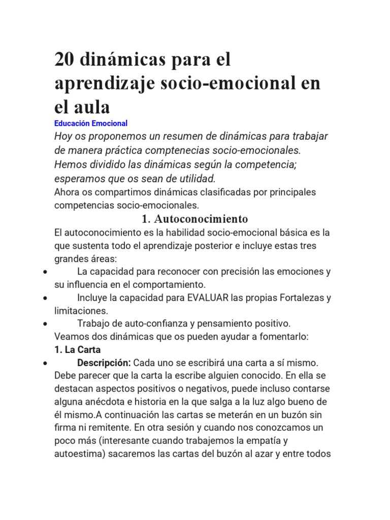 Dinámicas para Aprendizaje Socioemocional | PDF | Las emociones | Toma ...