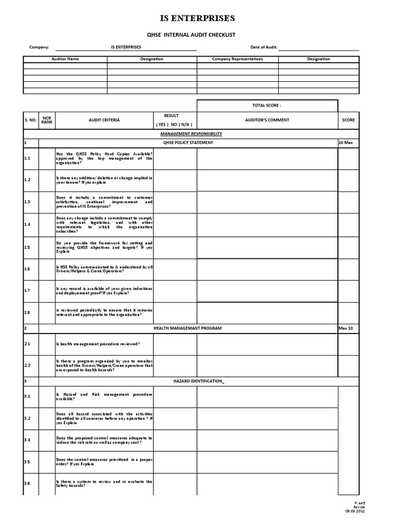 F445 Hseq Ims Internal Audit Checklist | PDF | Internal Audit | Audit