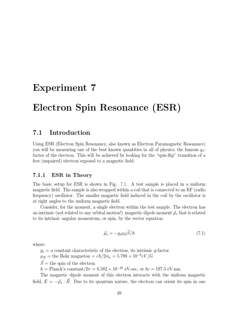 Experiment 7 Electron Spin Resonance (ESR) | PDF | Electron ...