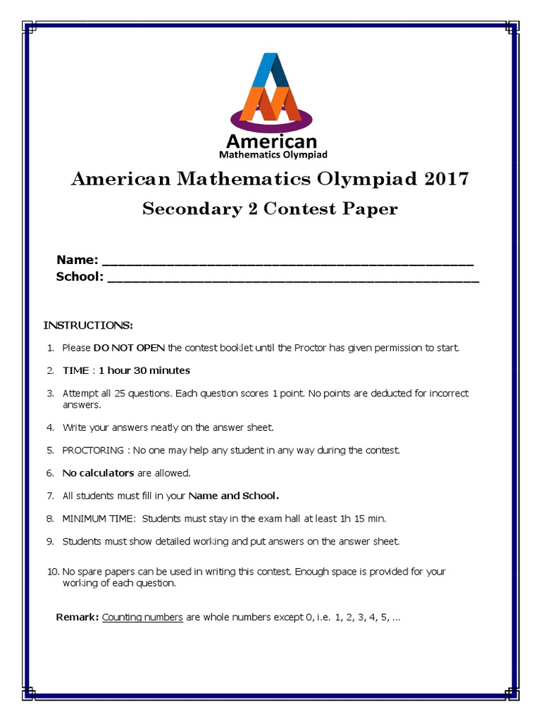 American Mathematics Olympiad 2017: Secondary 2 Contest Paper | PDF ...