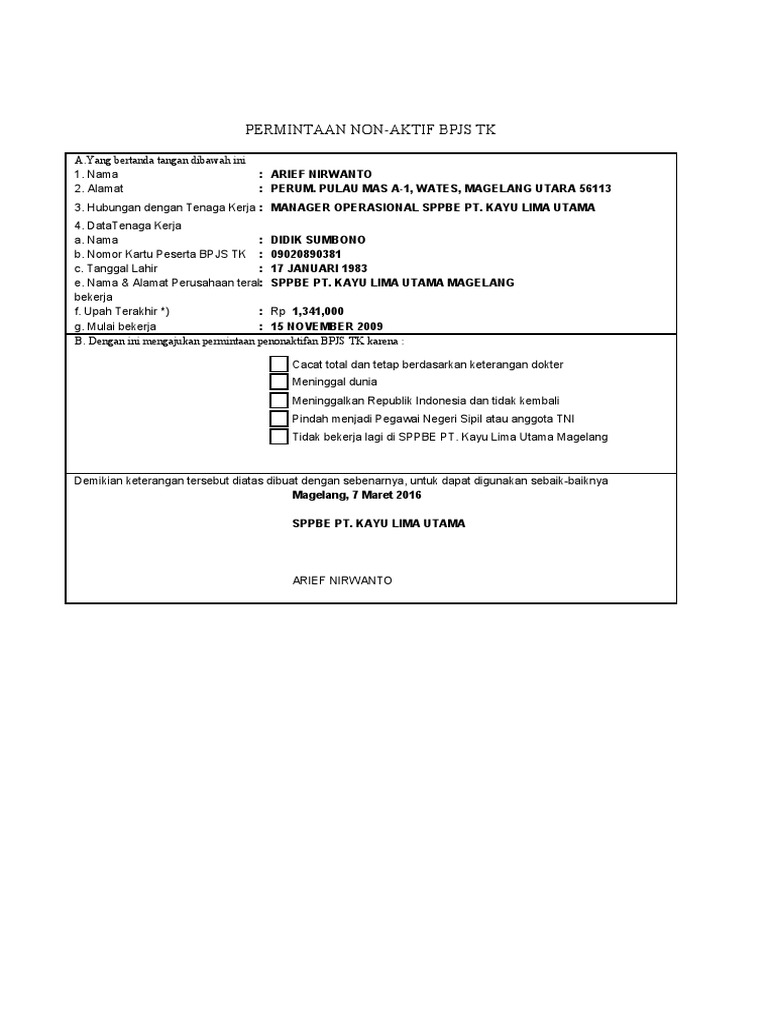Surat Penonaktifan Bpjs Tk Pdf