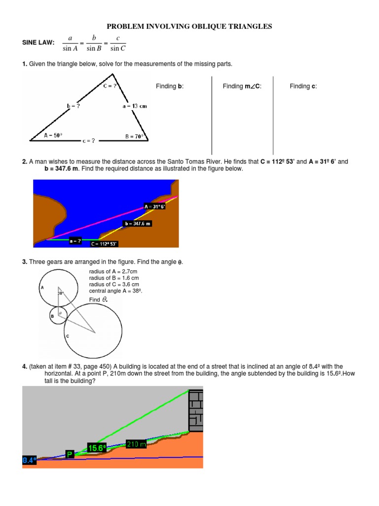 Solving Oblique Triangle Problems | PDF | Sine | Elementary Geometry