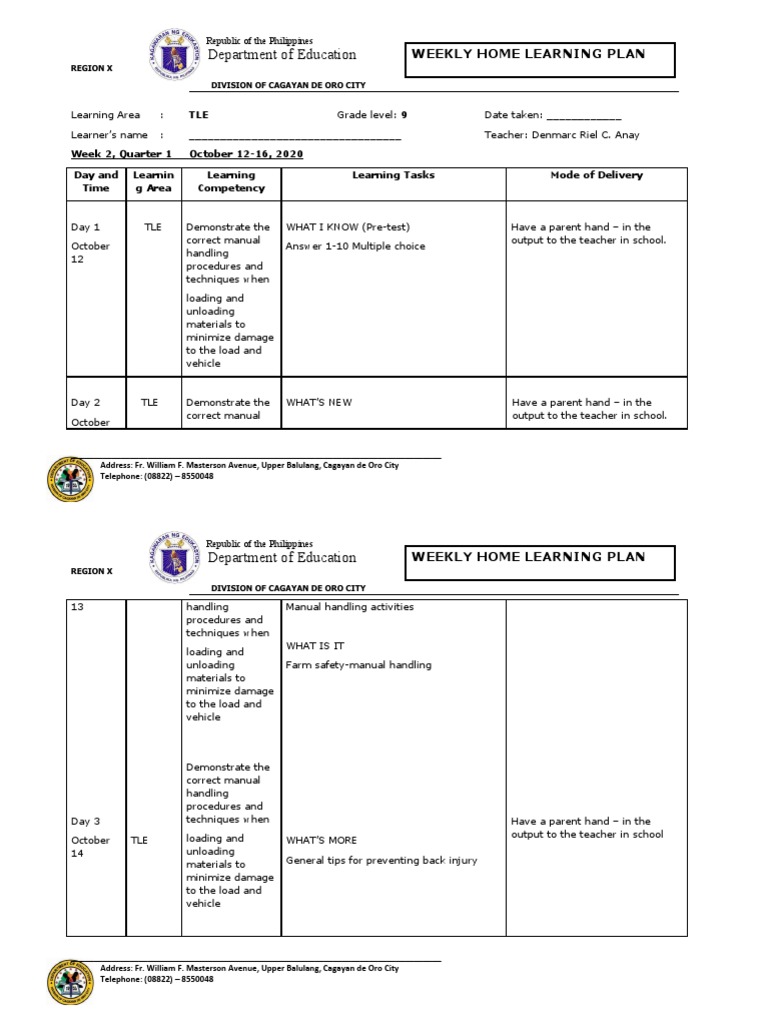 Department of Education: Weekly Home Learning Plan | PDF | Behavior Modification | Learning
