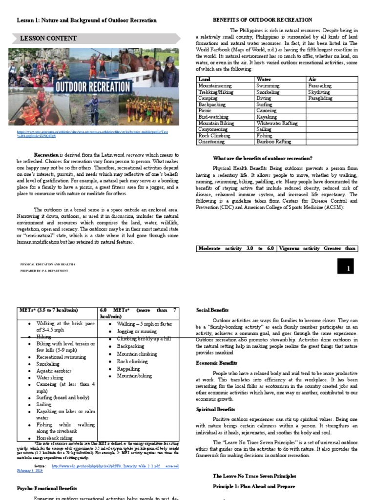 Lesson 1 Nature and Background of Outdoor Recreational Activities | PDF ...