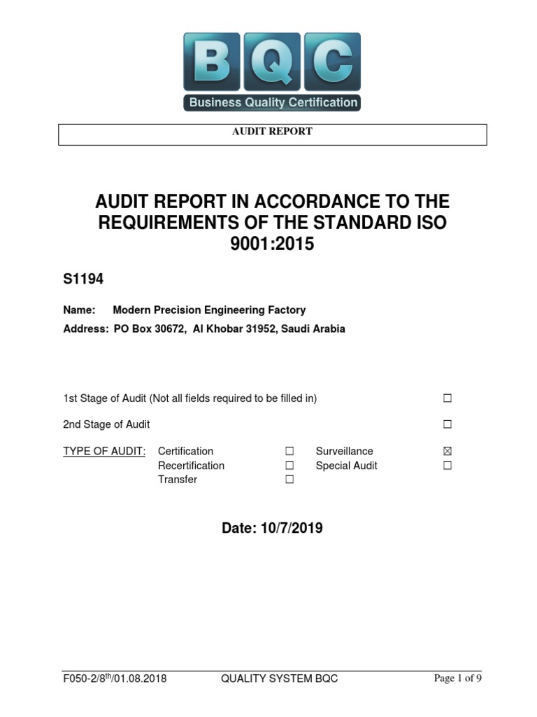 Audit Report for Modern Precision Engineering Factory's Surveillance ...