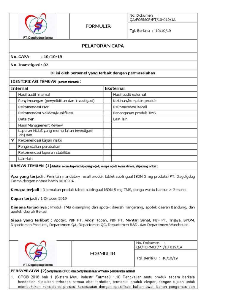 Formulir CAPA untuk Tablet ISDN 5 mg | PDF