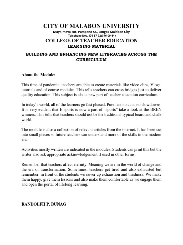 Module 1 Literacy Intro Building and Enhancing | PDF | Literacy | Teachers