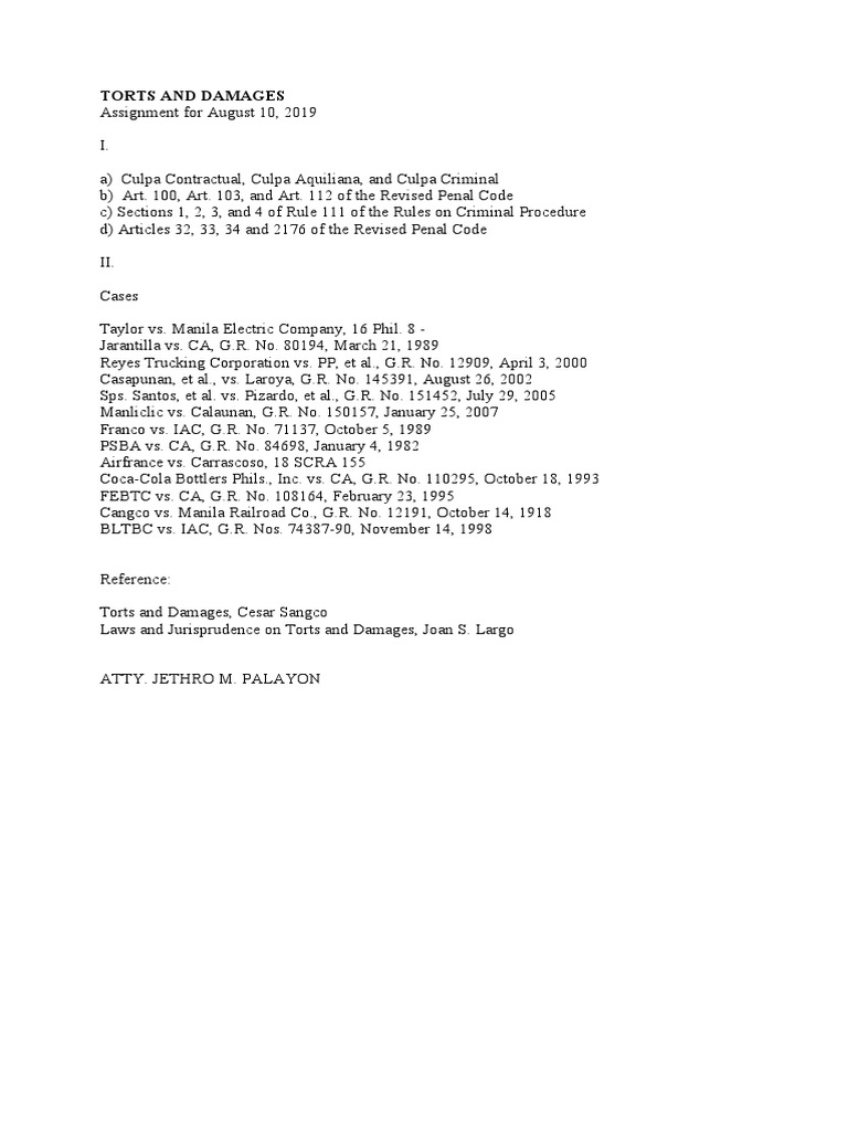 ASSIGNMENT FOR TORTS KL Notes | PDF