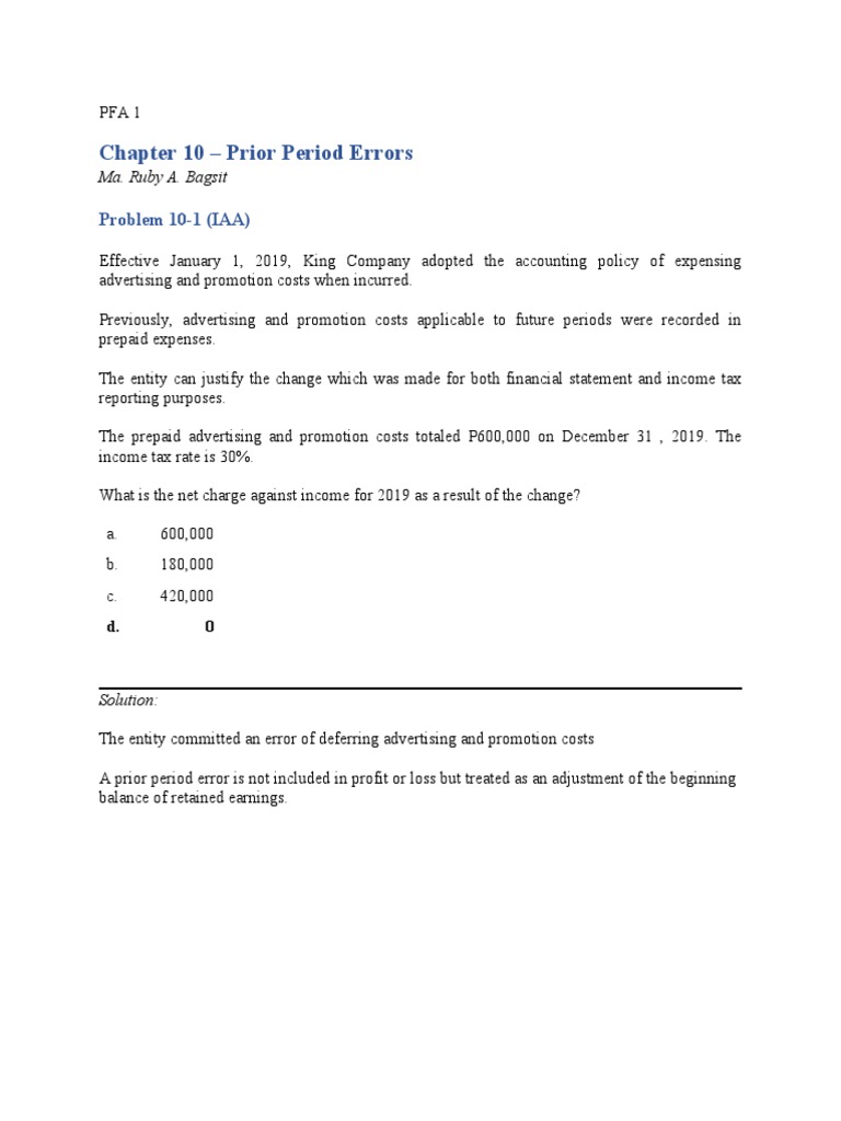Chapter 10 - Prior Period Errors: Problem 10-1 (IAA) | PDF | Retained ...