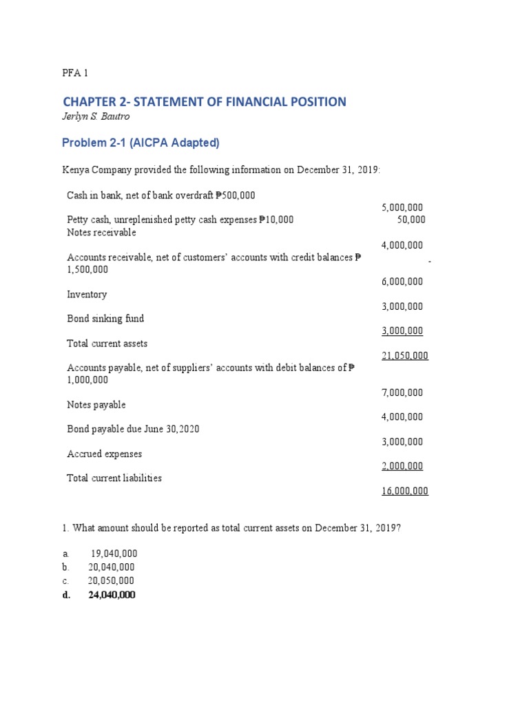Chapter 2-Statement of Financial Position: Problem 2-1 (AICPA Adapted ...