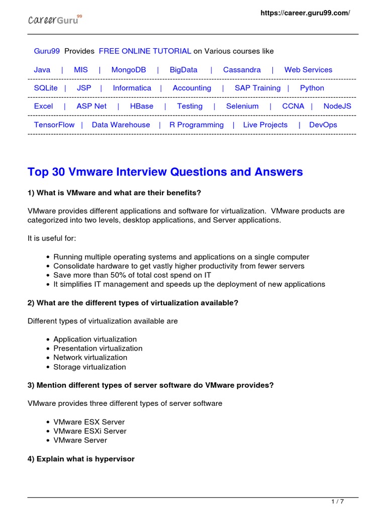 Top 30 Vmware Interview Questions and Answers: 1) What Is Vmware and What Are Their Benefits ...