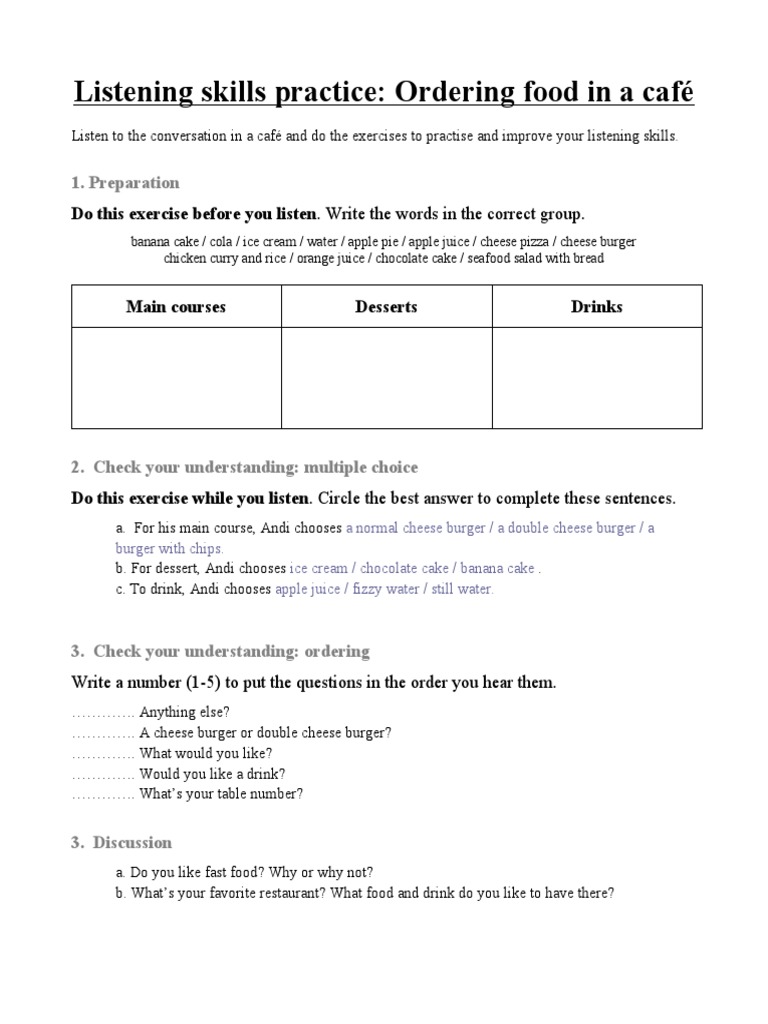 Listening Skills Practice: Ordering Food in A Café: 1. Preparation | PDF