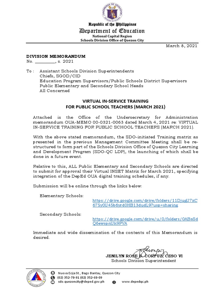 Virtual in Service Training For Public School Teachers March 2021 | PDF