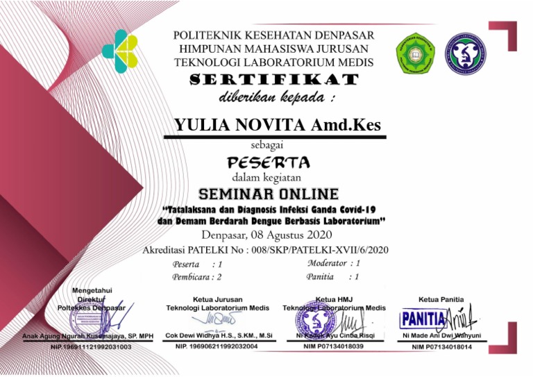 YULIA NOVITA Amd - Kes - Sertifikat Seminar Online Polkesden PDF | PDF