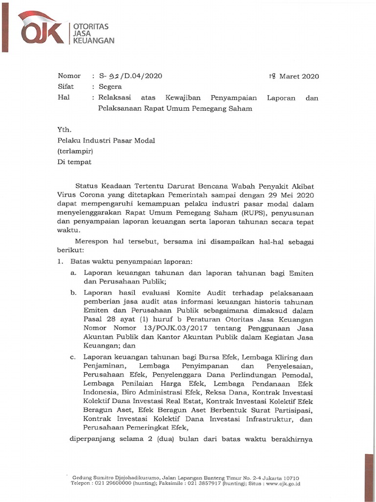 Surat KEPM Relaksasi Kewajiban Laporan Dan RUPS PDF | PDF