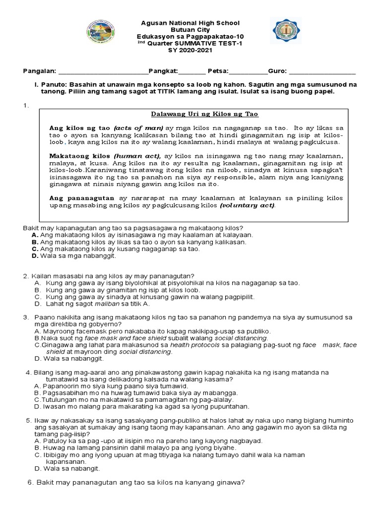EsP10 Q2 Summative 1 SY2020 2021 | PDF
